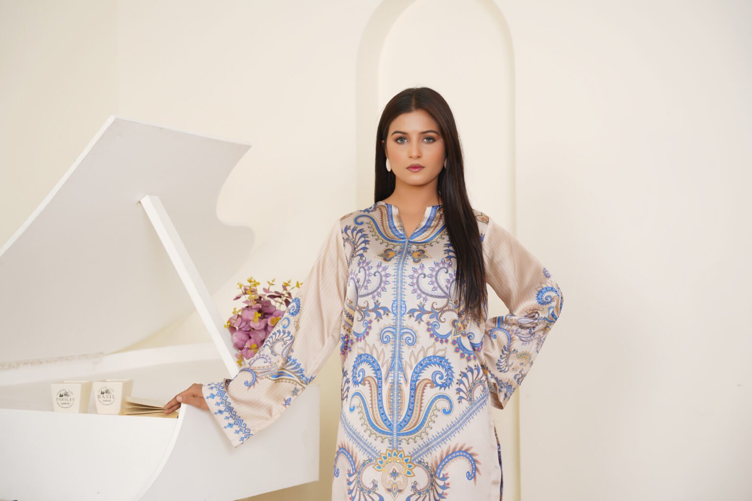 Ivory Elegance Printed Silk 2-Piece – Classic Blue & Gold Ensemble by ...